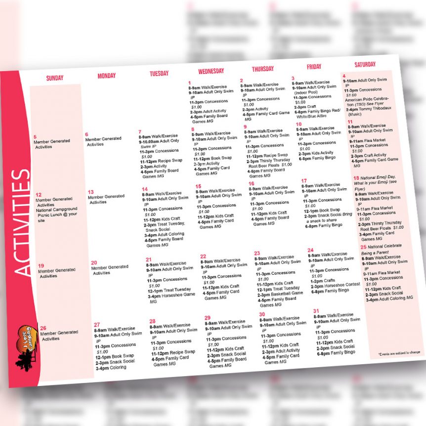 Activity Calendars | Abita Springs RV Resort